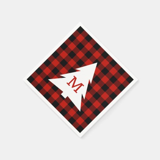 Red Black Buffalo Plaid Monogram Holiday Party Napkins | Zazzle