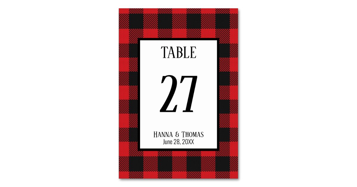 Red Black Buffalo Plaid Rustic Wedding Table Number | Zazzle