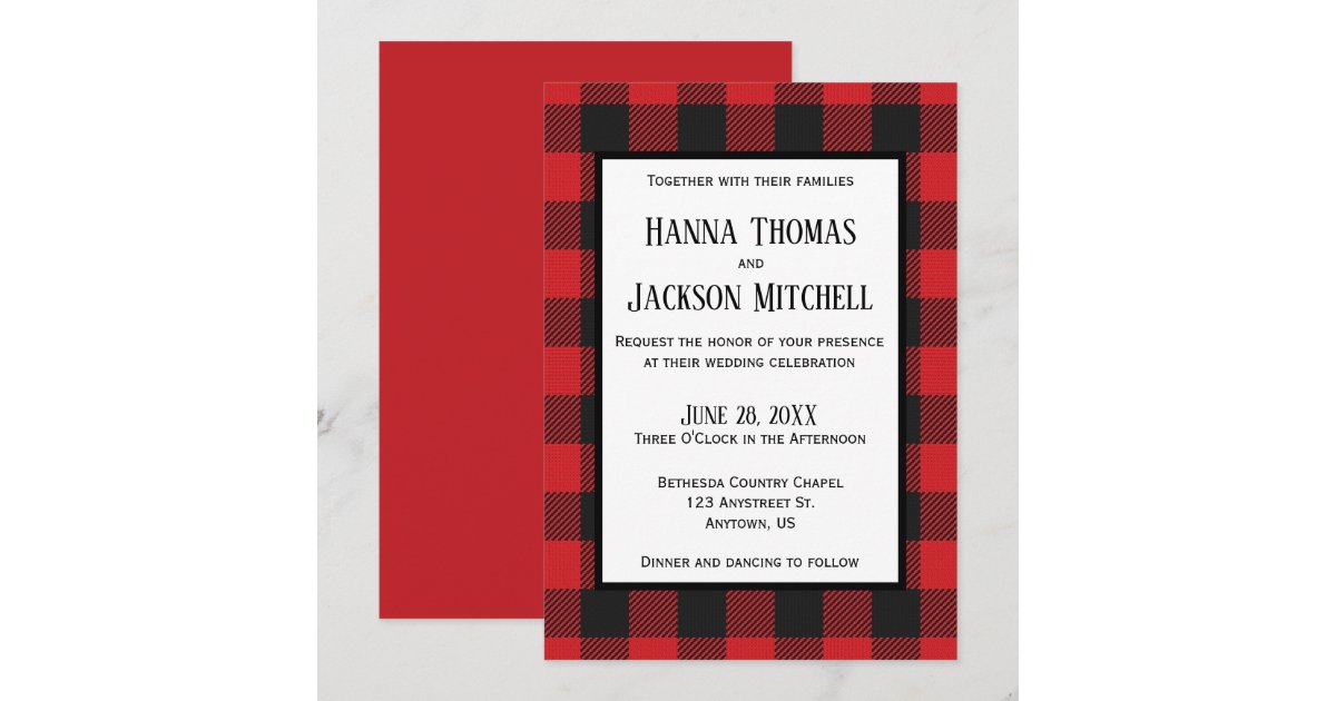 Red Black Buffalo Plaid Wedding Invitation | Zazzle