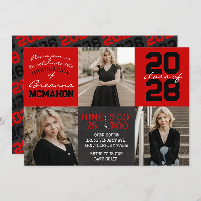 Red & Black Chalkboard 3 Photo Graduation Invitation | Zazzle