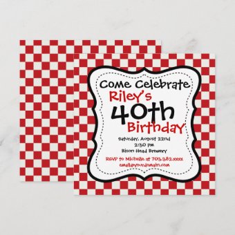 Red Black Checkered 40th Birthday Party Invitation | Zazzle
