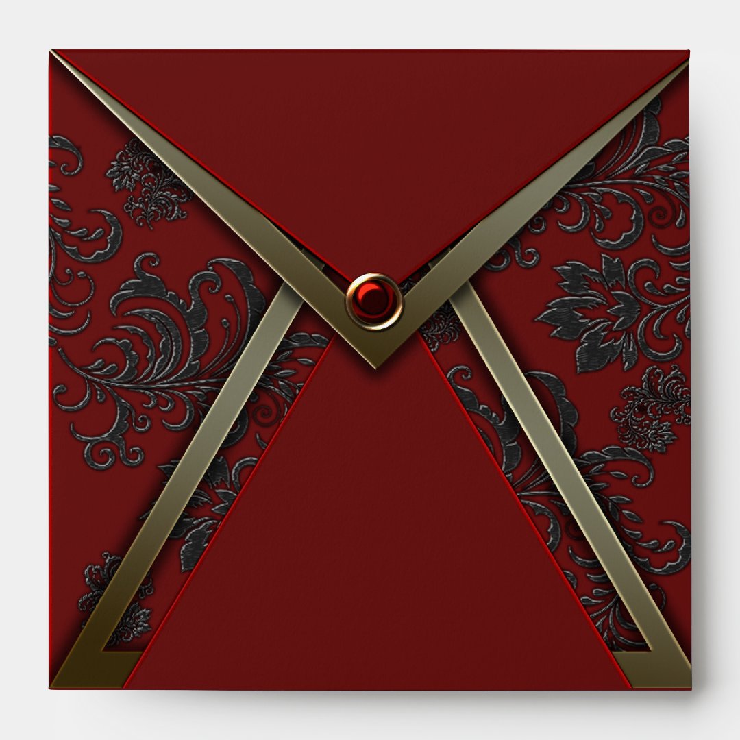 Red Black Damask Gold Trim Invitation Envelope | Zazzle