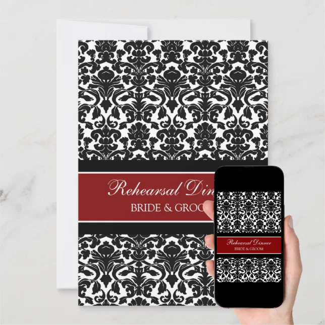 Red Black Damask Rehearsal Dinner Party Invitation | Zazzle