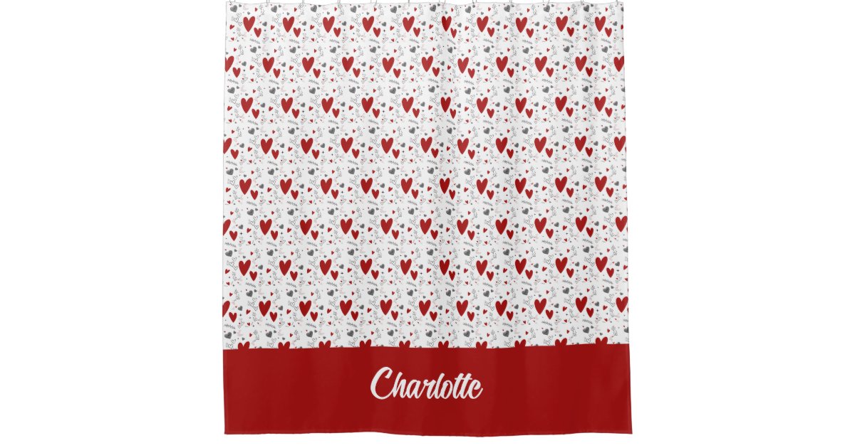 Red Black Doodle Hearts Retro Monogram Name Shower Curtain | Zazzle