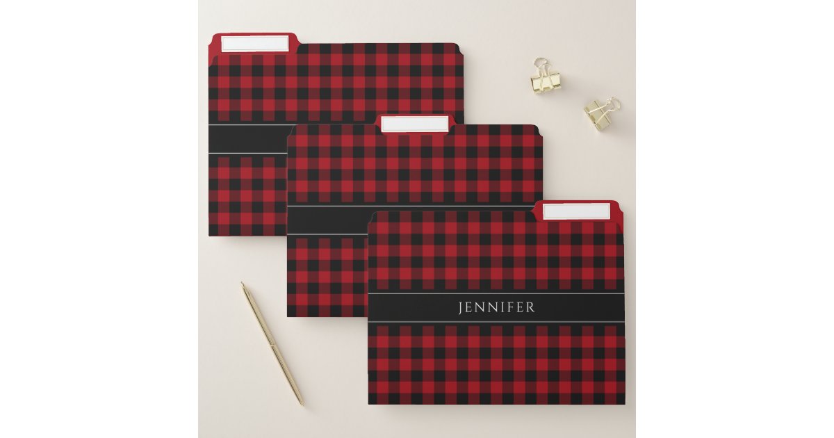 Red & Black Gingham Checked Plaid Pattern File Folder | Zazzle