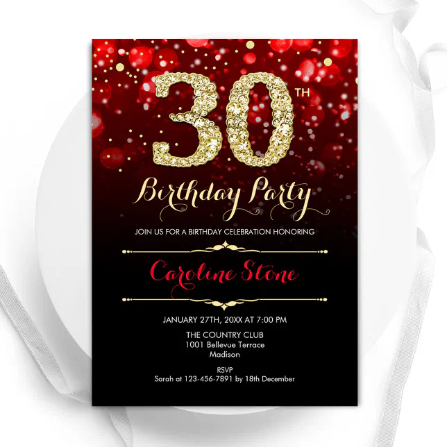 Red Black Gold 30th Birthday Invitation | Zazzle