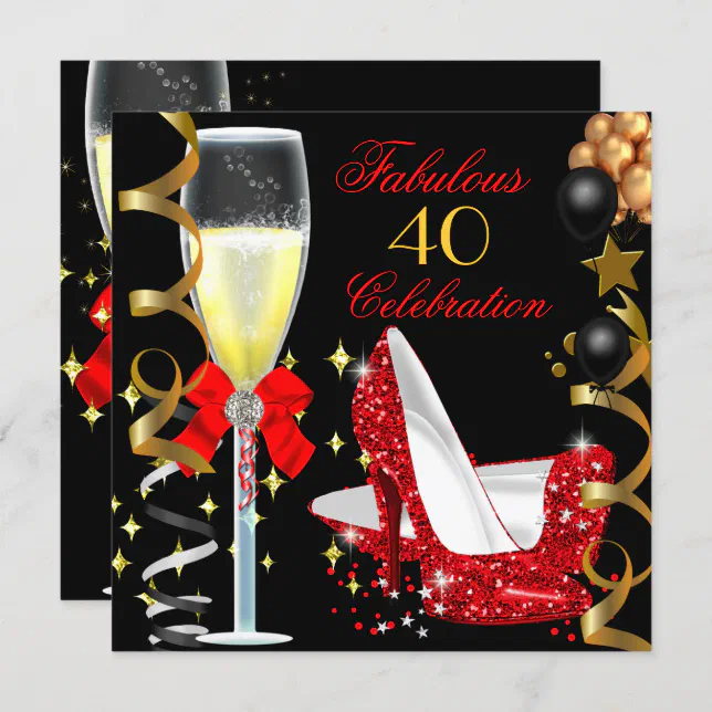 Red Black Gold 40 & Fabulous 40th Birthday Party 2 Invitation | Zazzle