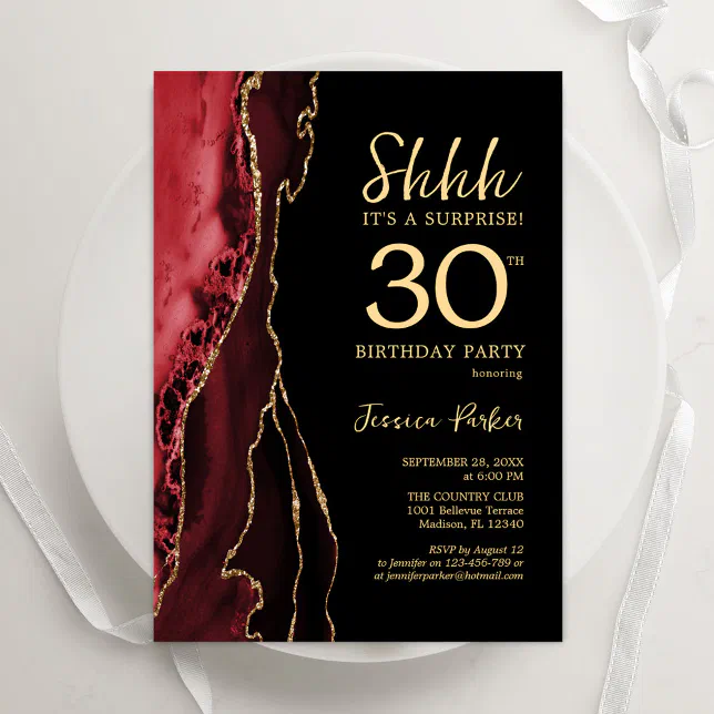 Red Black Gold Agate Surprise 30th Birthday Invitation | Zazzle