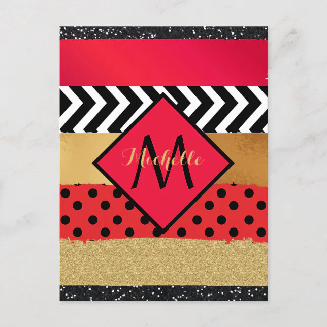 Red Black Gold Glitter Brush Stroke Monogrammed Postcard | Zazzle