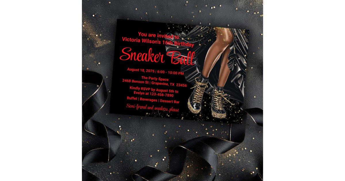 Red Black Gold Sneakers Sneaker Ball Invitation | Zazzle