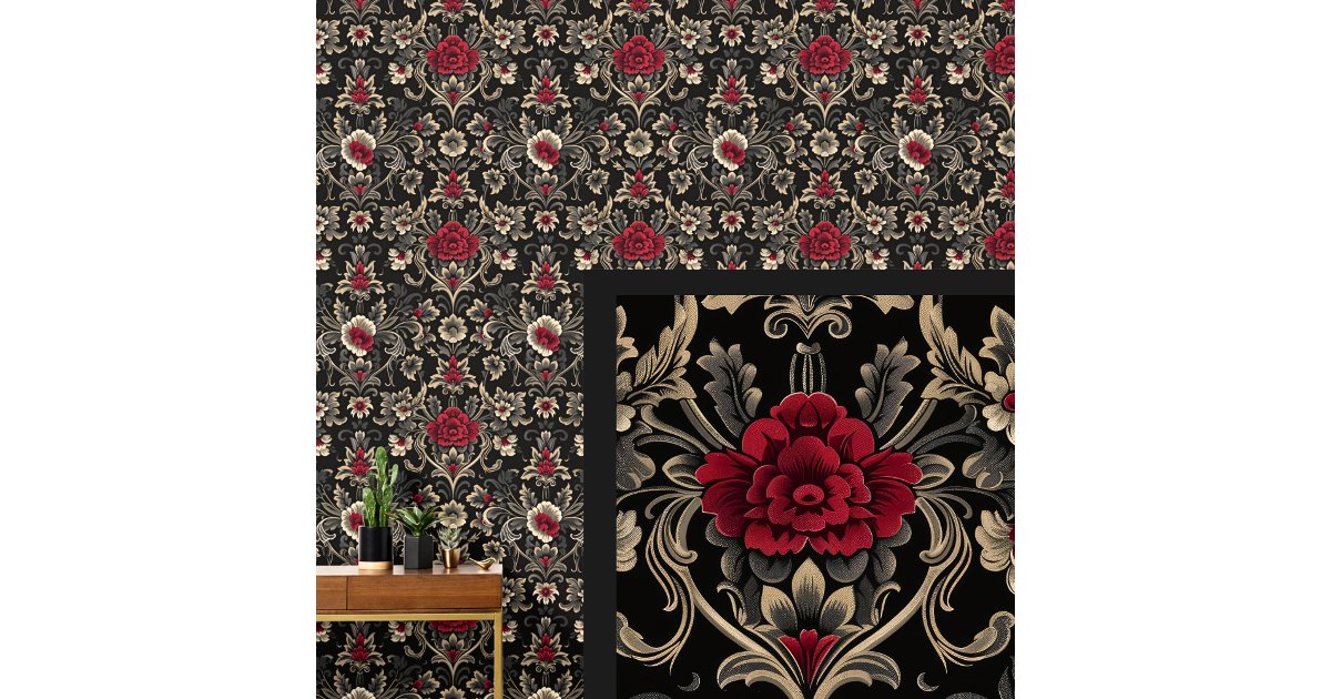 Red & Black Gothic Damask Wallpaper | Zazzle