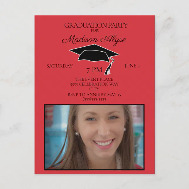Red Black Graduation Cap Grad Party Photo Postcard | Zazzle
