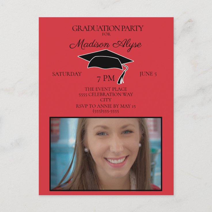 Red Black Graduation Cap Grad Party Photo Postcard | Zazzle