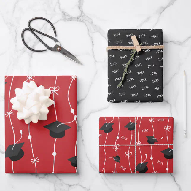 Red & Black Graduation Cap Toss Wrapping Paper Sheets | Zazzle