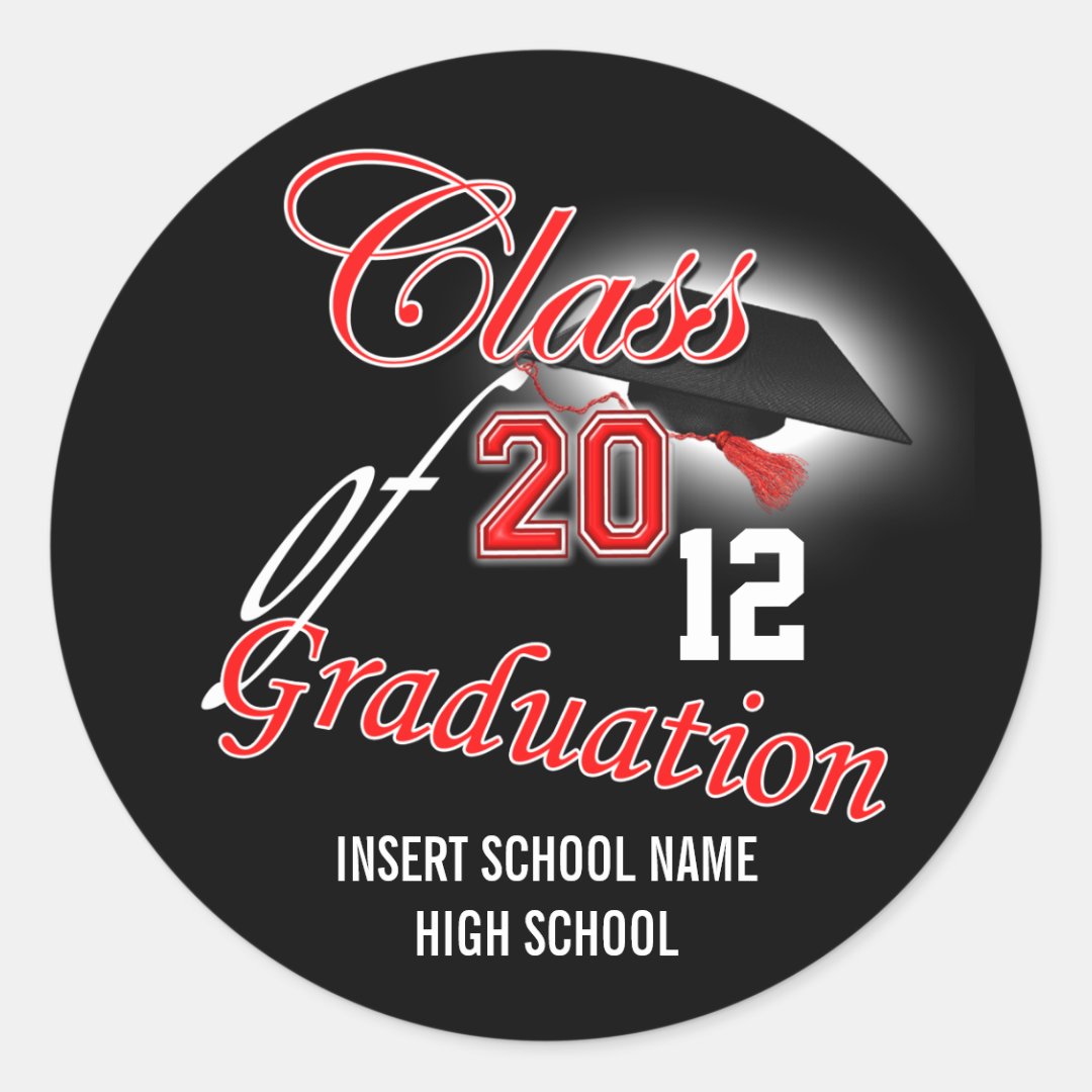 Red black graduation "class of" announcement classic round sticker | Zazzle