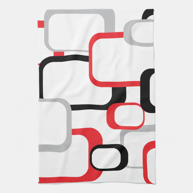 Red Black Gray White Squares Pattern Retro Kitchen Towel | Zazzle