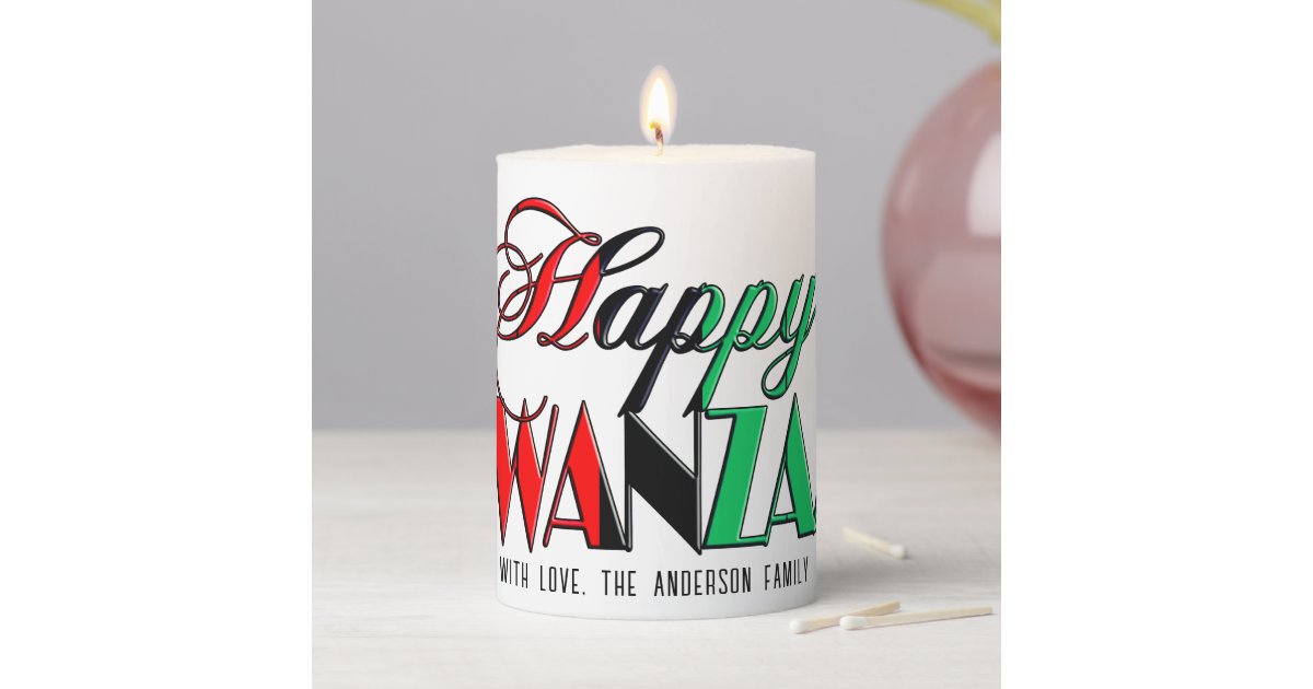 Red Black Green Kinara Colors Text Happy Kwanzaa Pillar Candle | Zazzle