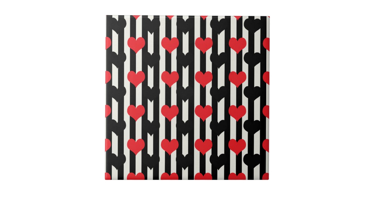 Red Black Hearts On Black White Stripes Ceramic Tile | Zazzle