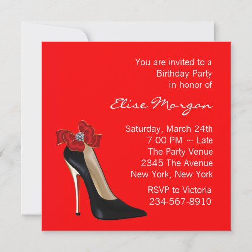 Red Black High Heel Shoe Birthday Party Invitation | Zazzle