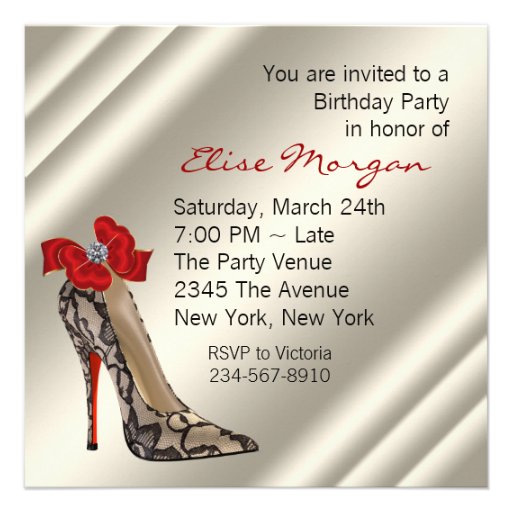 Red Black High Heel Shoe Birthday Party Personalized Invitation