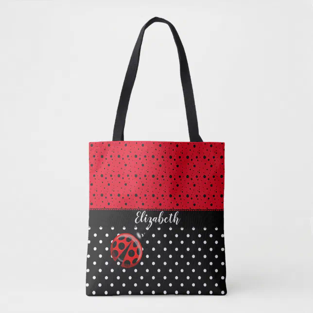 Red Black Ladybug Polka Dot Bug Beetles Name Tote Bag | Zazzle