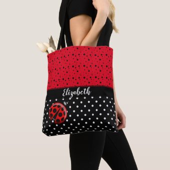Red Black Ladybug Polka Dot Bug Beetles Name Tote Bag | Zazzle