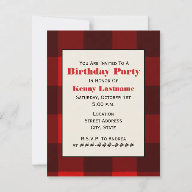 Red & Black Plaid Birthday Party Invitation | Zazzle