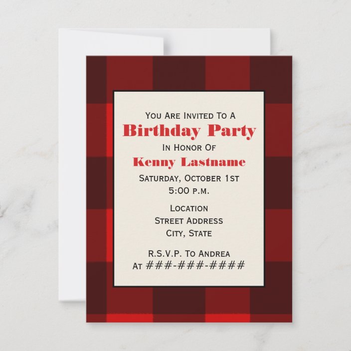 Red & Black Plaid Birthday Party Invitation | Zazzle