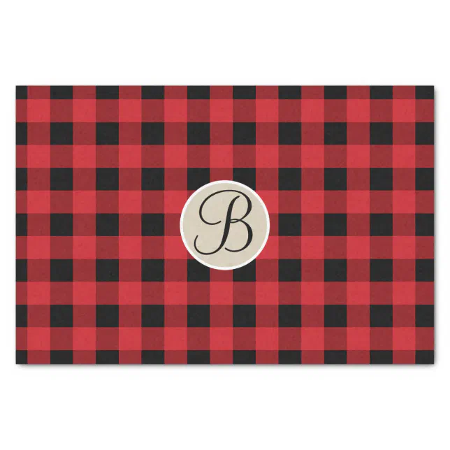 Red Black Plaid Checker Rustic Monogram Initial Tissue Paper | Zazzle