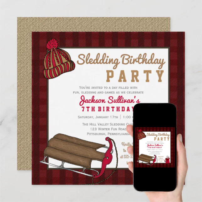 Red | Black Plaid Sledding Birthday Party Invitation | Zazzle