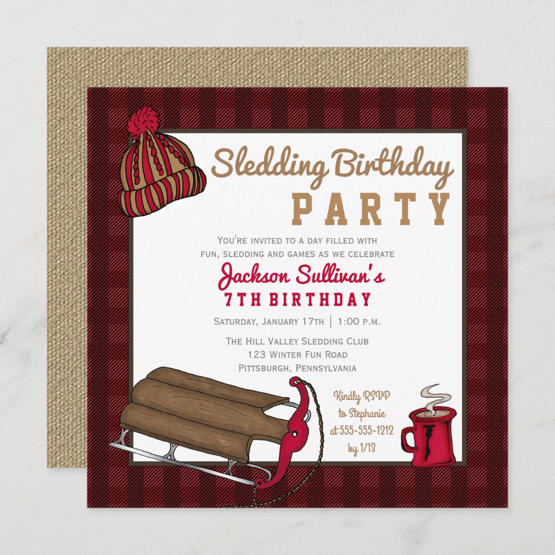 Red | Black Plaid Sledding Birthday Party Invitation | Zazzle