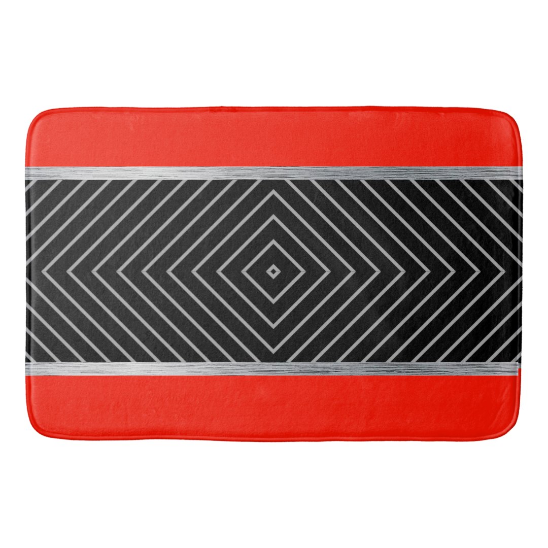 Red, black, silver and white stripes bath mat | Zazzle