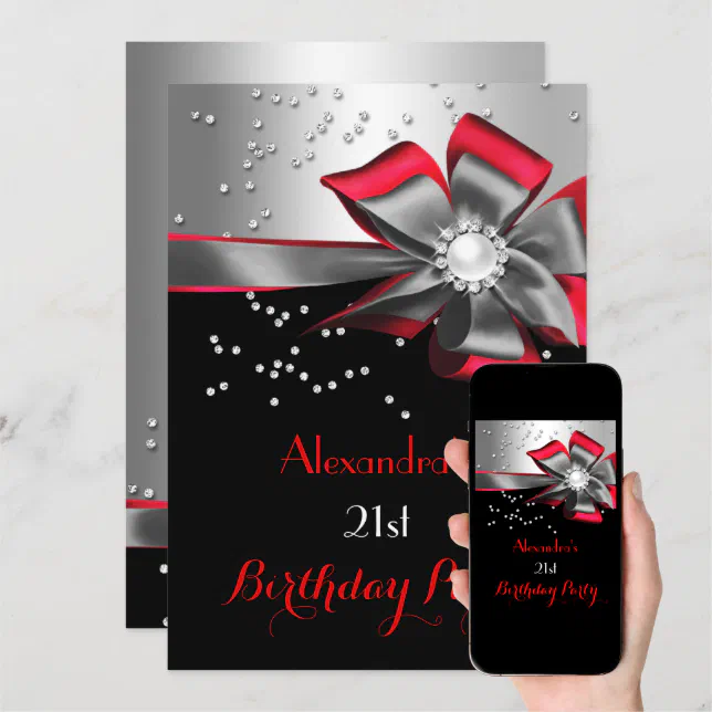 Red Black Silver Bow Pearl Birthday Party Invitation | Zazzle