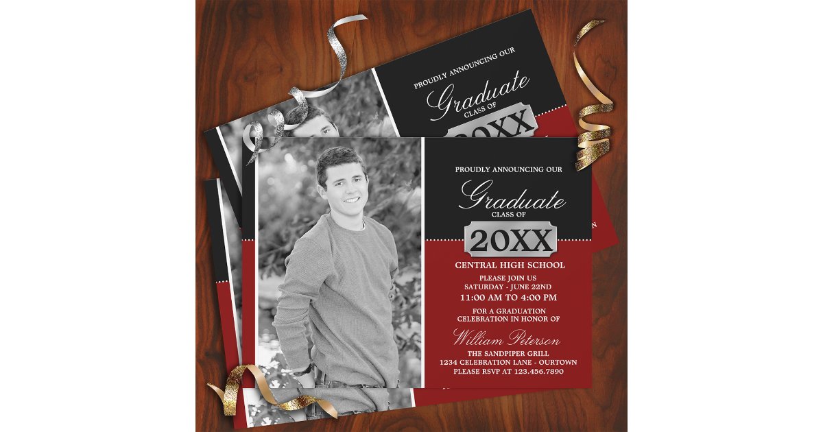 Red/Black Silver Plate Graduation Invitation | Zazzle