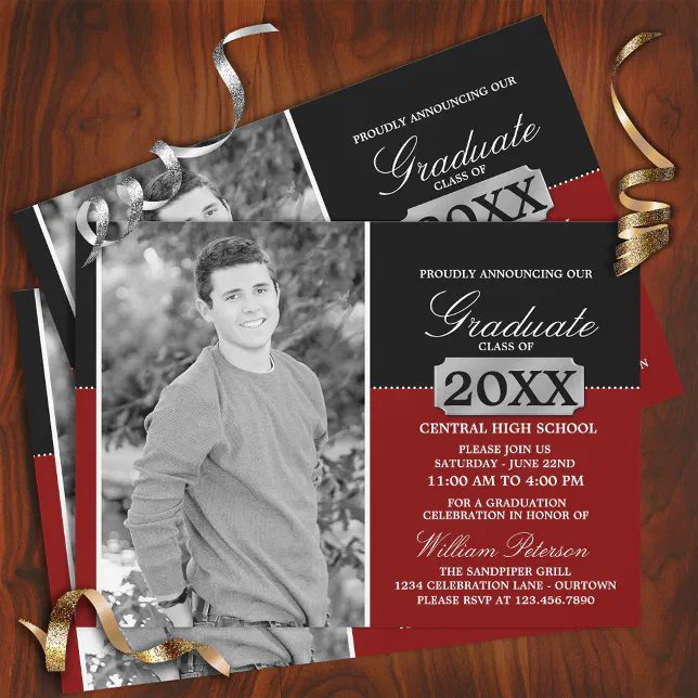 Red/Black Silver Plate Graduation Invitation | Zazzle