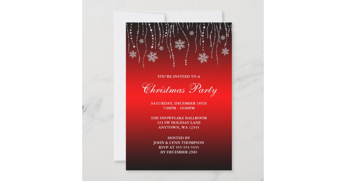 Red Black Sparkle Snowflakes Christmas Party Invitation | Zazzle