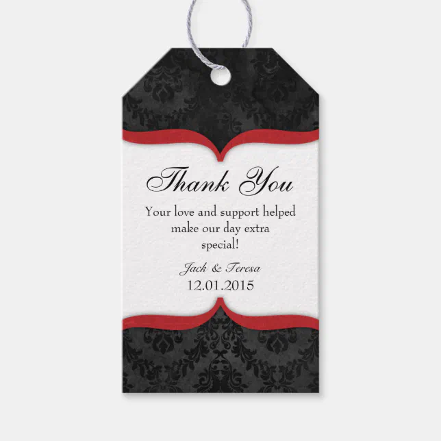 Red Black Vintage Damask Thank You Tags | Zazzle
