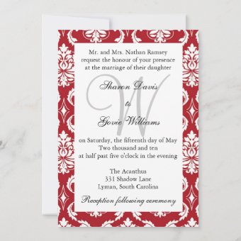 Red Black White Damask Monogram Wedding Invitation | Zazzle