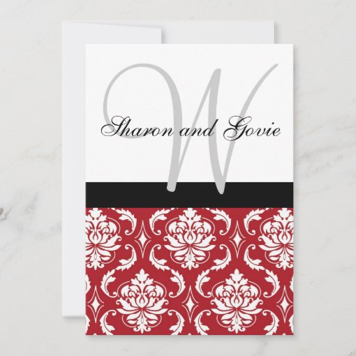 Red Black White Damask Monogram Wedding Invitation | Zazzle