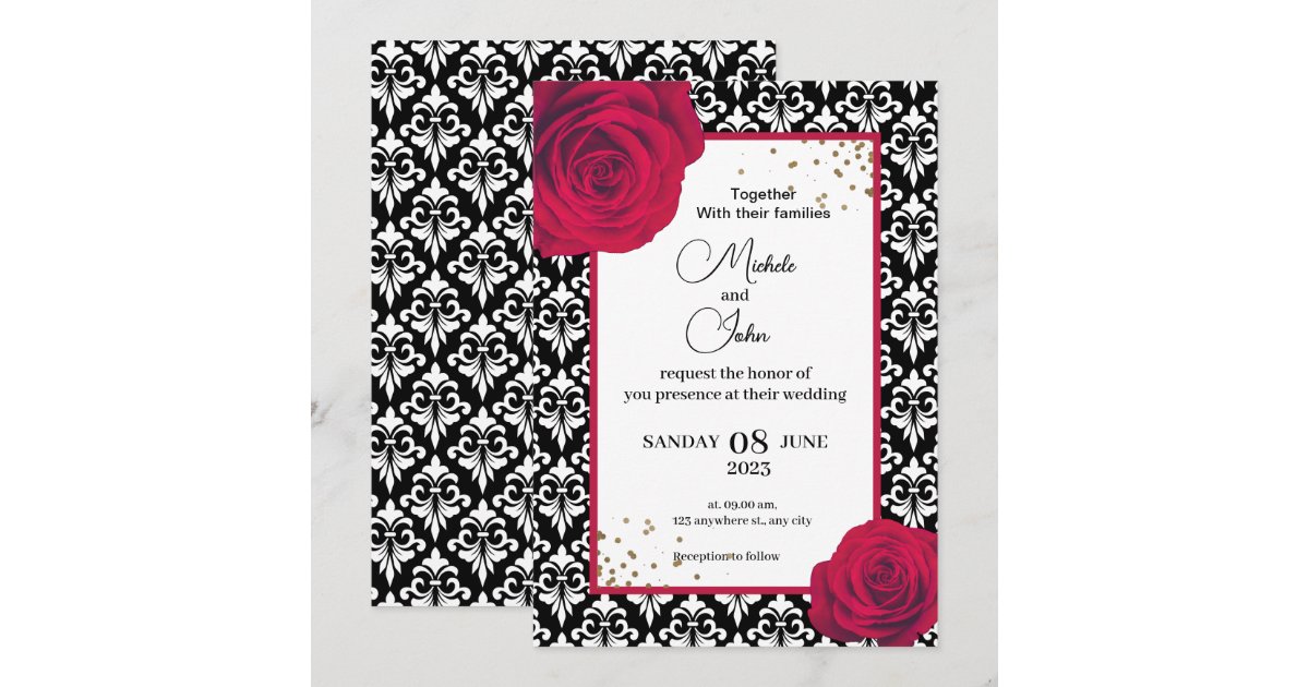 Red Black & White damask wedding invitation | Zazzle