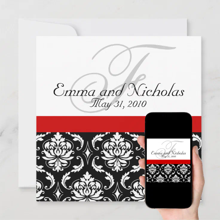 Red Black White Damask Wedding Invitation | Zazzle