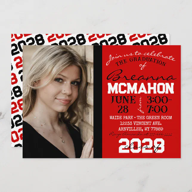 Red, Black & White Graduation Photo Invitation | Zazzle