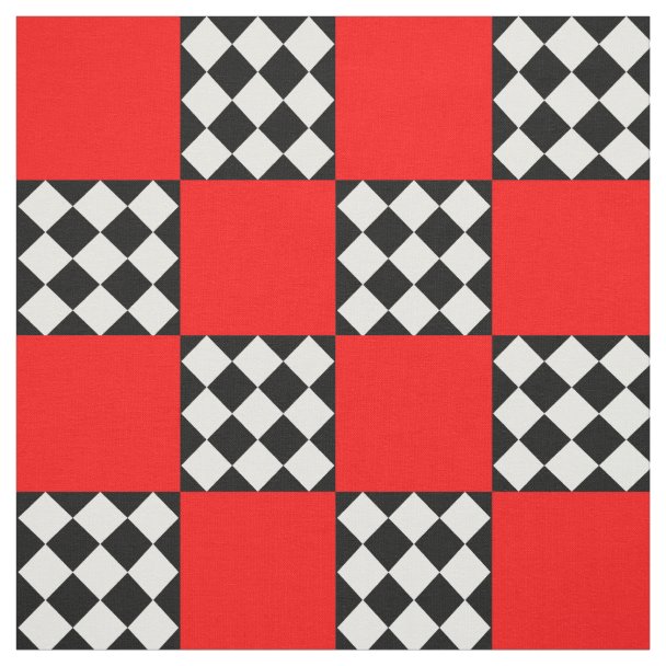 Red Black and White Squares Geometric Pattern Fabric | Zazzle