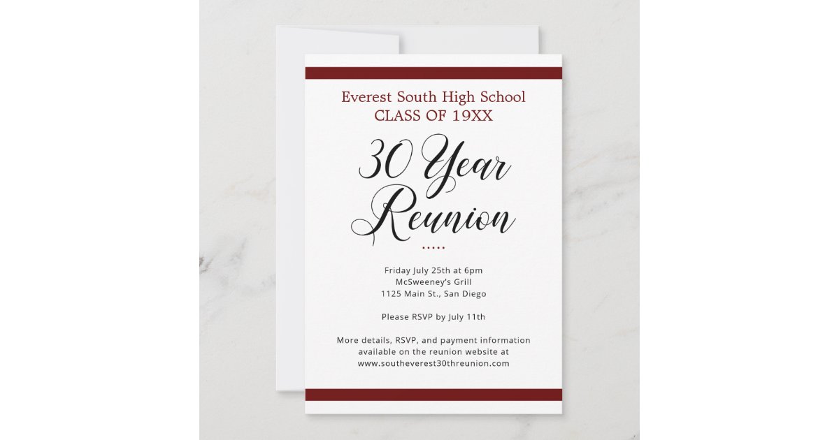 Red Black White Minimalist 30 Year Class Reunion Invitation | Zazzle