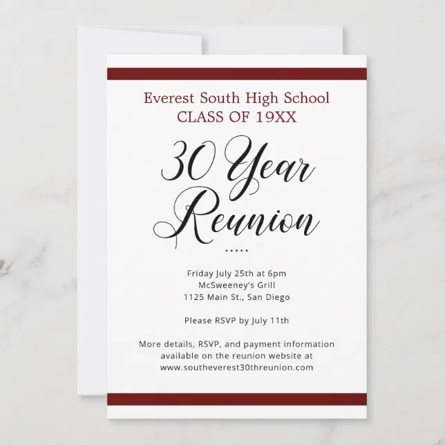 Red Black White Minimalist 30 Year Class Reunion Invitation | Zazzle