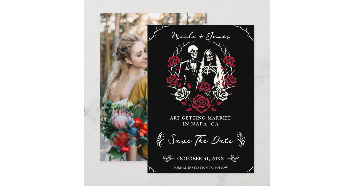 Red & Black White Roses Skeleton Save the Date Invitation | Zazzle