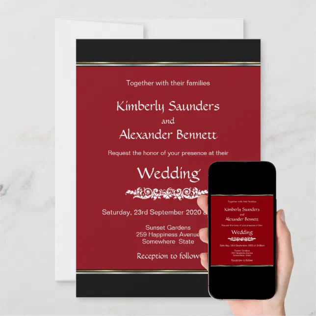 Red Black White with Gold Silver Stripe Wedding Invitation | Zazzle