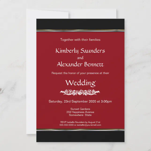Red Black White with Gold Silver Stripe Wedding Invitation | Zazzle