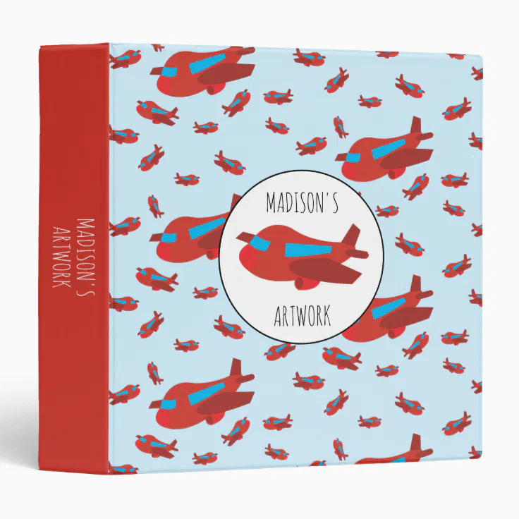 Red Blue Airplane Pattern Kids Name Artwork Album 3 Ring Binder | Zazzle