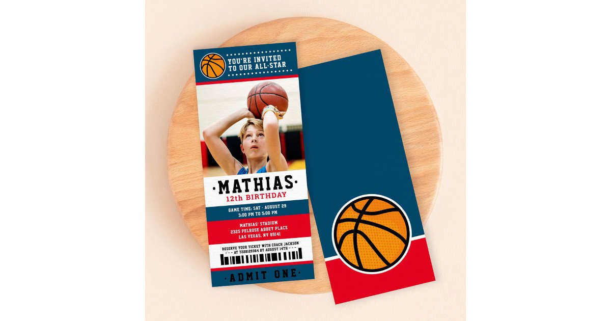 Red Blue Basketball Ticket Birthday Photo Invitation | Zazzle